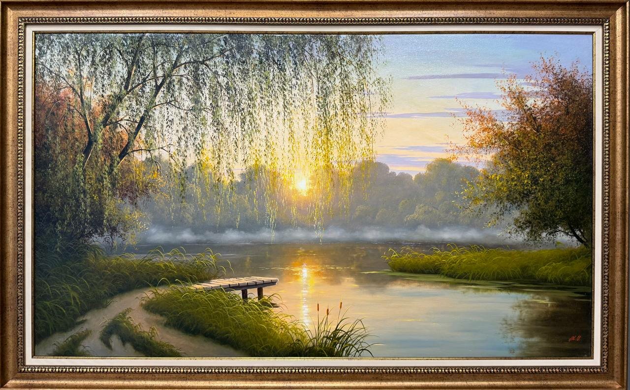 Картина маслом на холсте, летний пейзаж "Тёплый восход" 70х120 см. Автор Маслов Олег