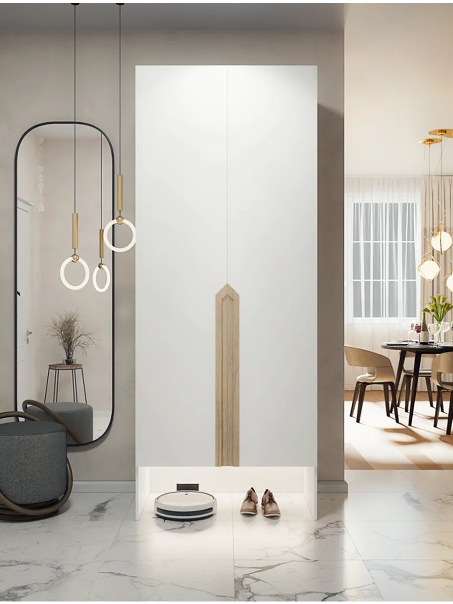 Casa Mia 90х210х50 см. Детский шкаф для одежды в прихожую 2-дверный с подсветкой и штангой, белый, ручка из массива дуба