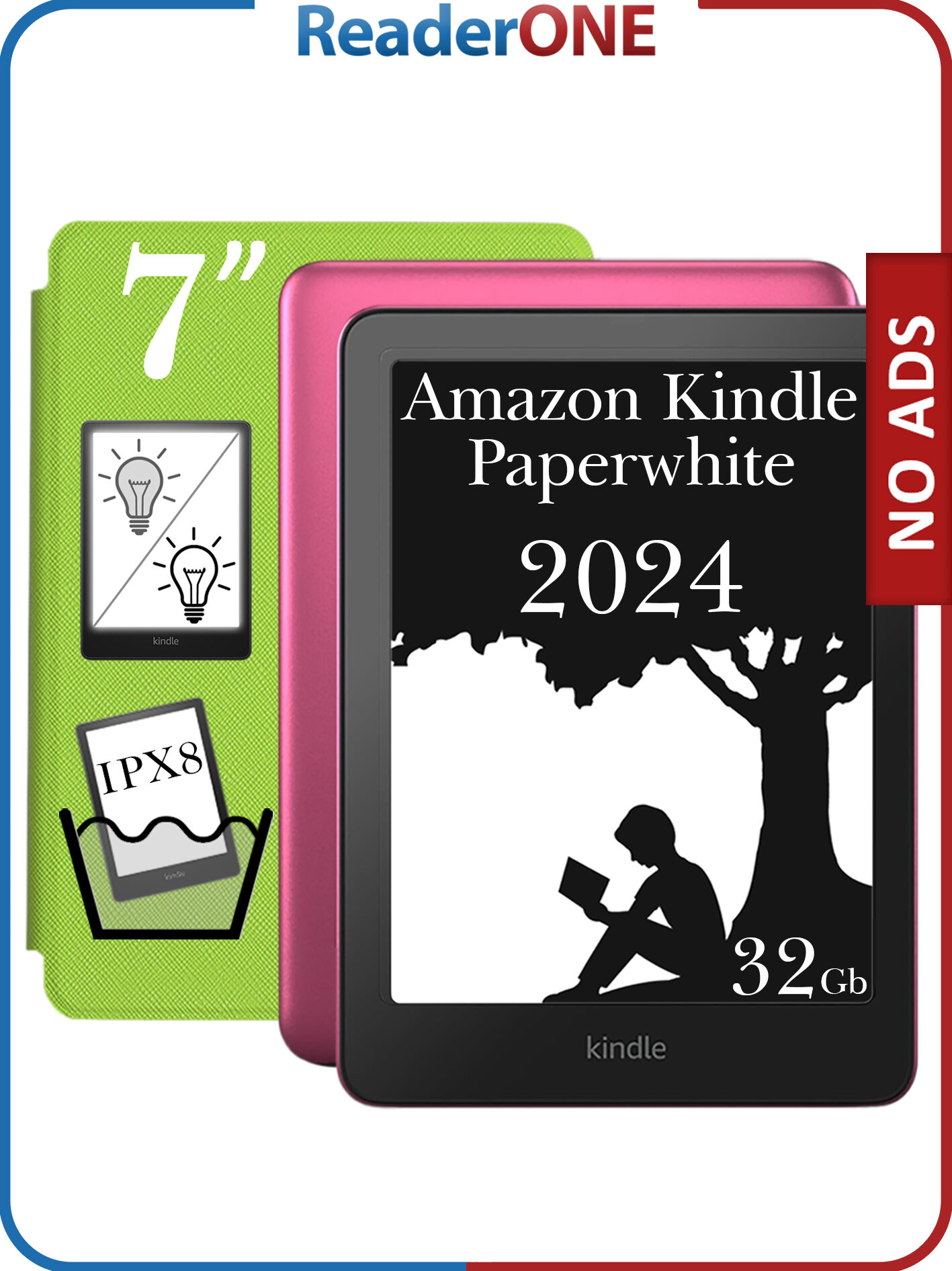 Электронная книга Amazon Kindle PaperWhite 12 2024 32Gb SE Metallic Raspberry с обложкой ReaderONE Green