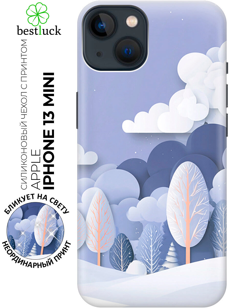 Силиконовый чехол на Apple iPhone 13 Mini с принтом "Фиолетовые сны зимы"