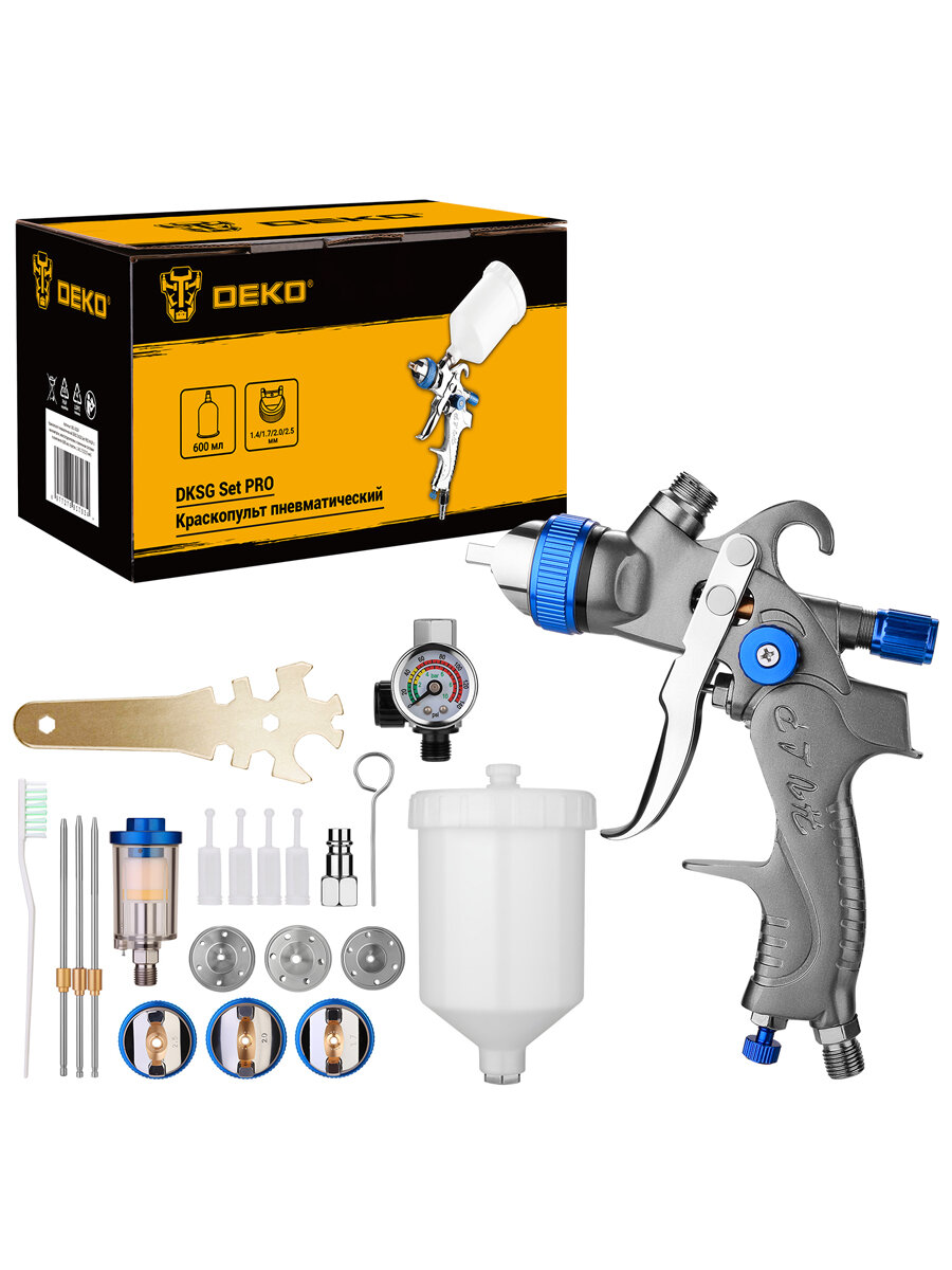 Краскопульт пневматический DEKO DKSG Set PRO HVLP с манометром, влагоотделителем сменными соплами