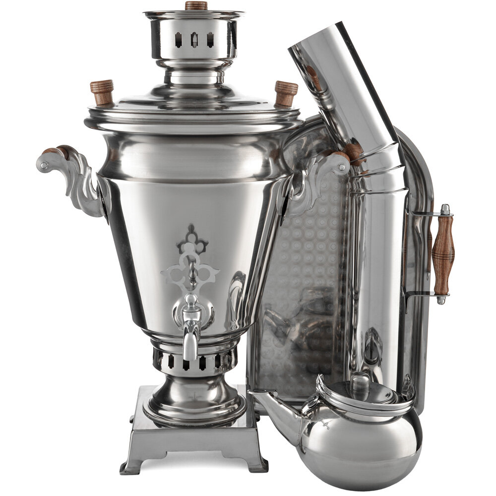 Самовар на дровах из нержавейки 5 литров формы «Рюмка» в наборе из 4 предметов ( труба в подарок)
