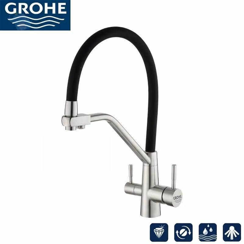 GROHE Смеситель для кухни с гибким изливом и фильтром для питьевой воды черный и золотой