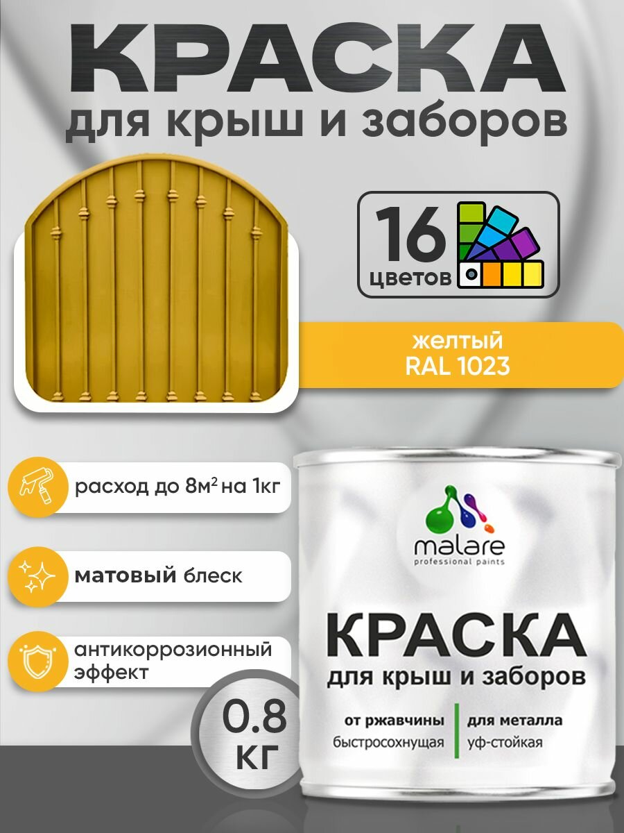 Краска по металлу Malare для крыш и заборов по ржавчине, для наружных работ, быстросохнущая износостойкая RAL 1023 желтый, матовая, 0,8 кг