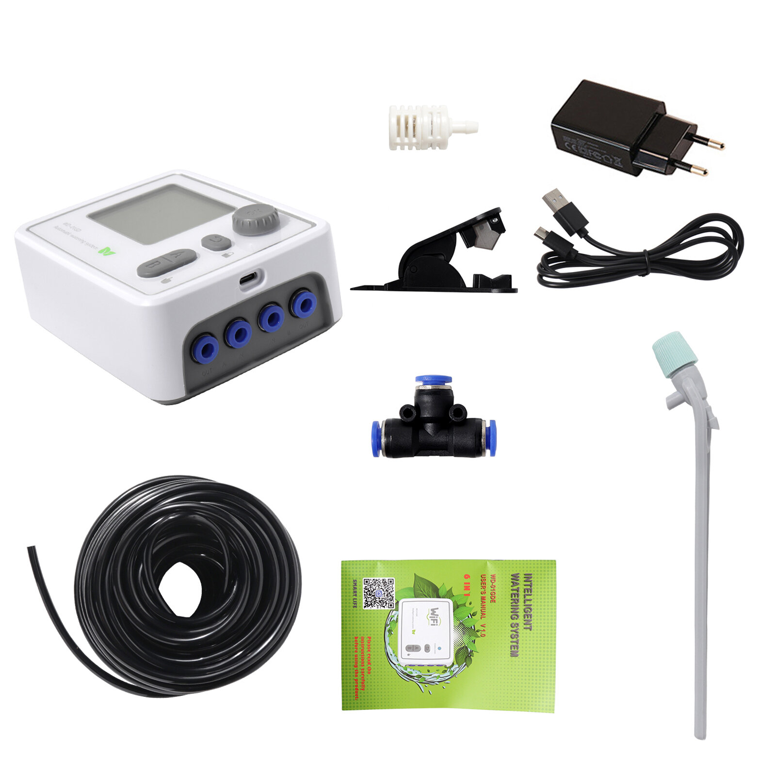 Двухканальный автоматический таймер полива с большим экраном LCD, 3 программы на канал, защита от детей, вход со швидким соединением 6 мм, мотор из чистого меди, 15м водопровод, 2 фильтра, 1 зажим для труб, 20 быстрых разъемов-ветвлений, 1 вилка, 1