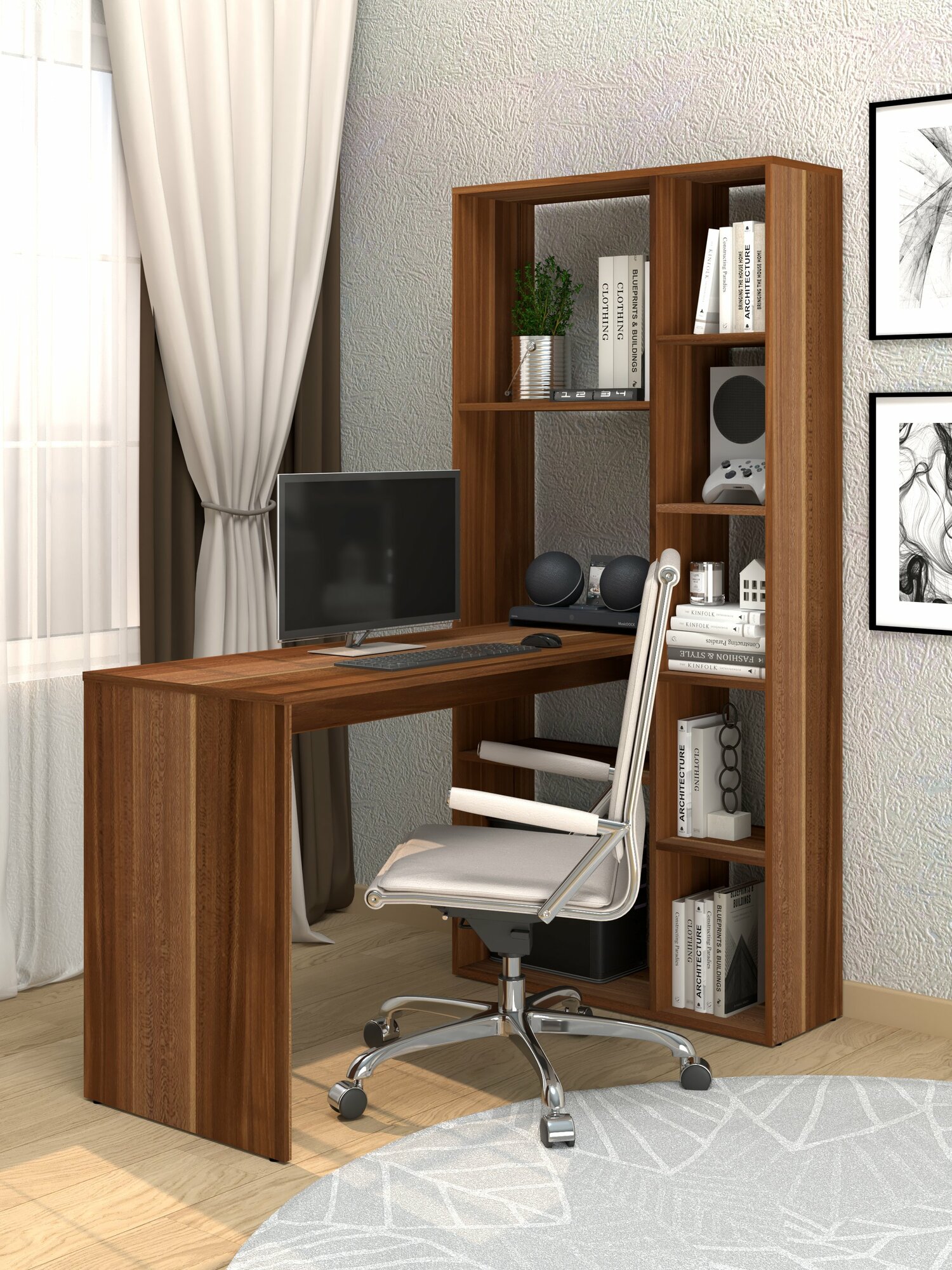 Есэндвич Лаворо 13 Письменный стол со стеллажом 130х170х80 см (Слива валлис)