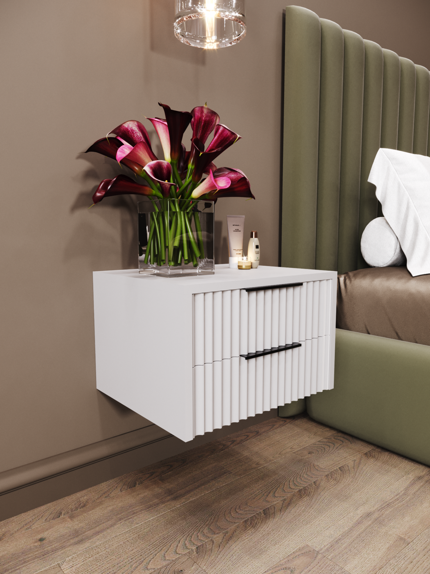 Тумба прикроватная, 2 ящика, ЛДСП, МДФ, Кашемир, подвесная, 40x35x28 см