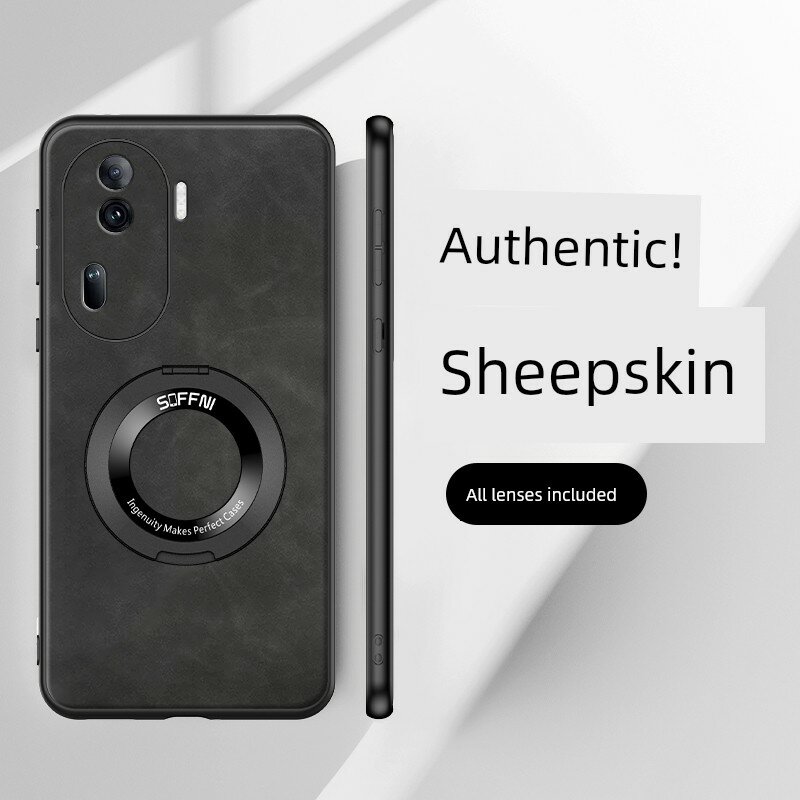 Чехол для OPPO Reno 10 с магнитным кольцом и фактурой овчины, цвет графитовый черный