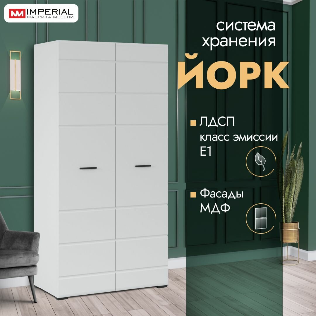 Шкаф распашной для одежды Йорк, двухдверный, 205х100х54 см, Белый/белый глянец