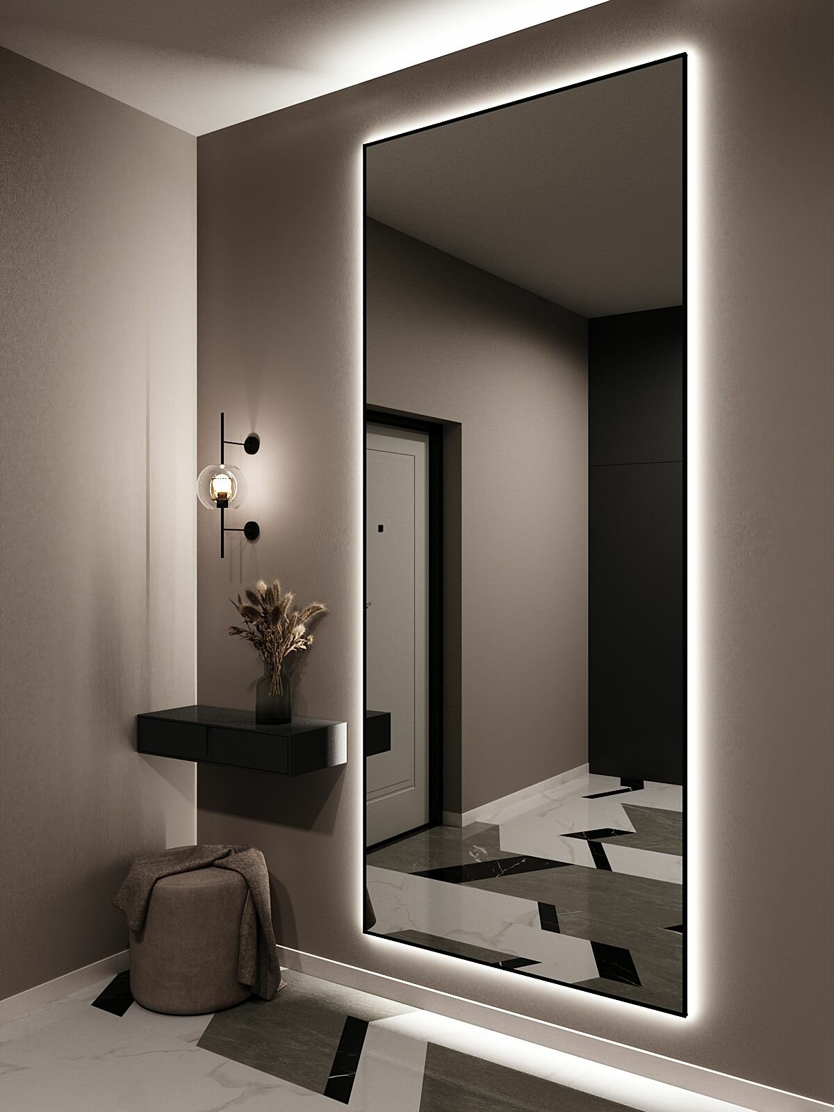 Зеркало настенное 240х100 см. черное с подсветкой. Свет: Холодный белый 6000К. В алюминиевой раме интерьерное BLX MIRROR