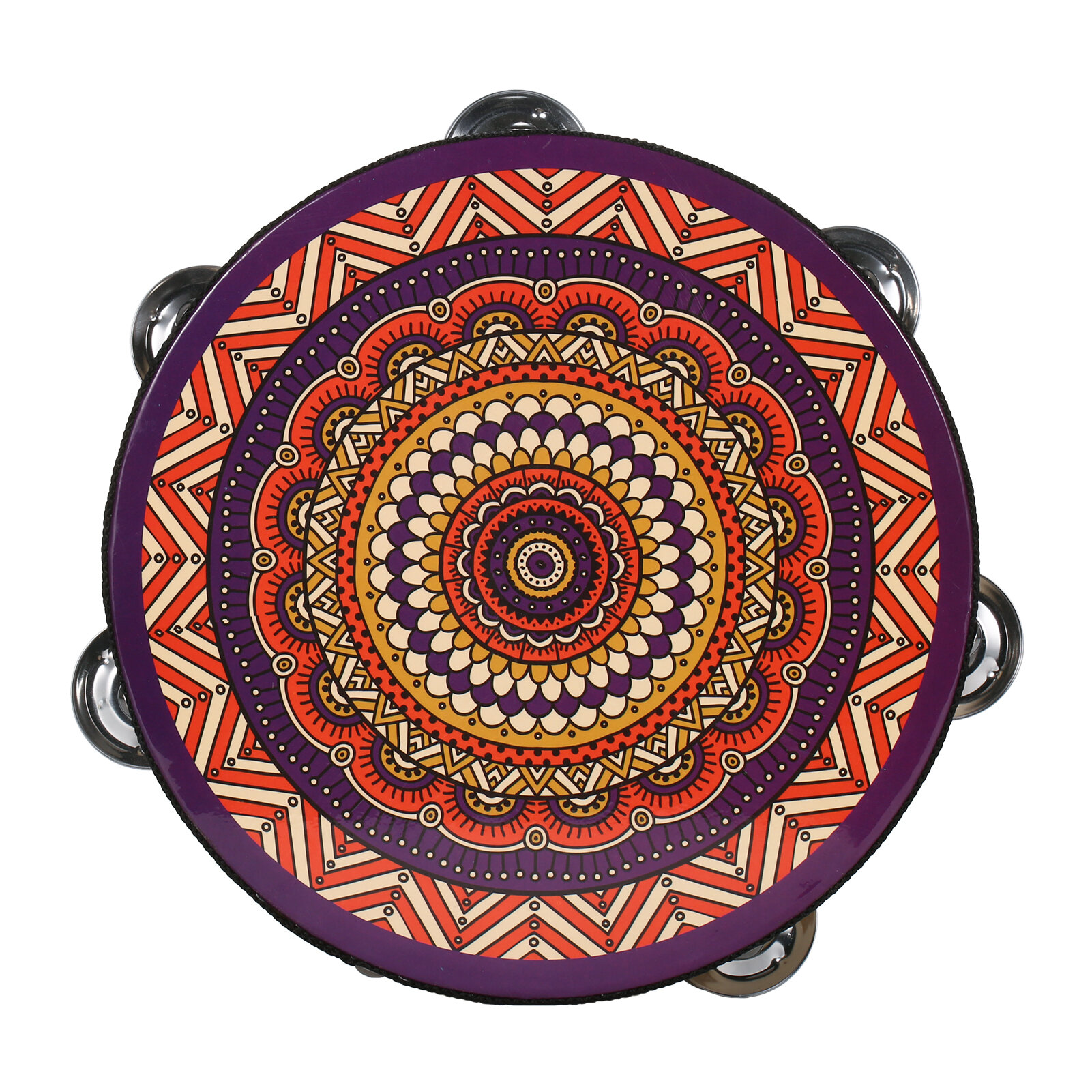 8 Inch Wooden Tambourine Handbell Hand Drum with Double Row 12pcs Metal Cymbals Jingles Musical Percussion Instrument for Kids Games Adults Apply to Church KTV Party