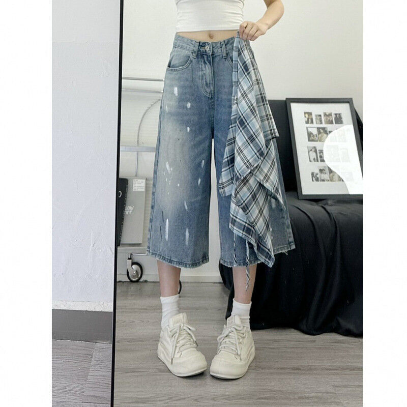 Тренд RONG CH Мужские Джинсы Американские Винтаж Шахматные Кроп Высокая Талия Деним, Размер_L