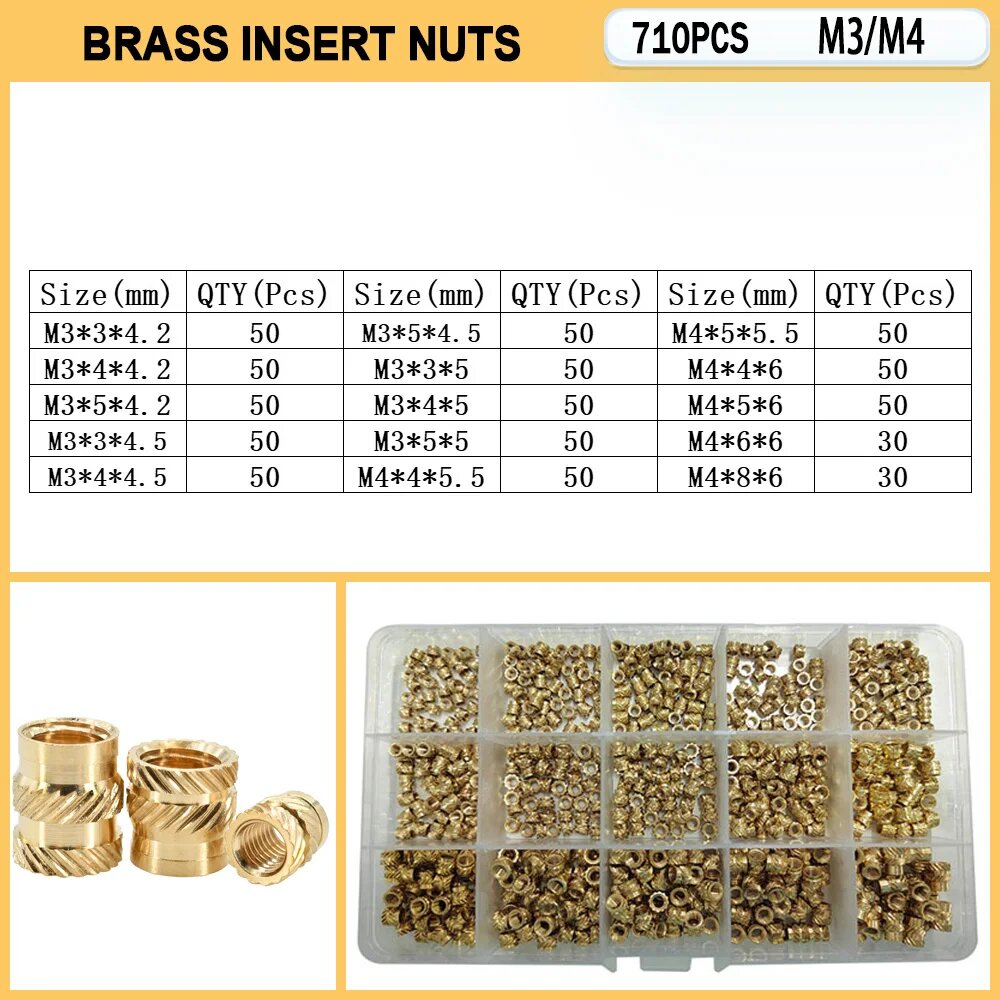 Латунные вставные гайки M2 M3 M4 M5 M6, медная вставка, термоплавкий 3D Печатный M3M4(710pcs)