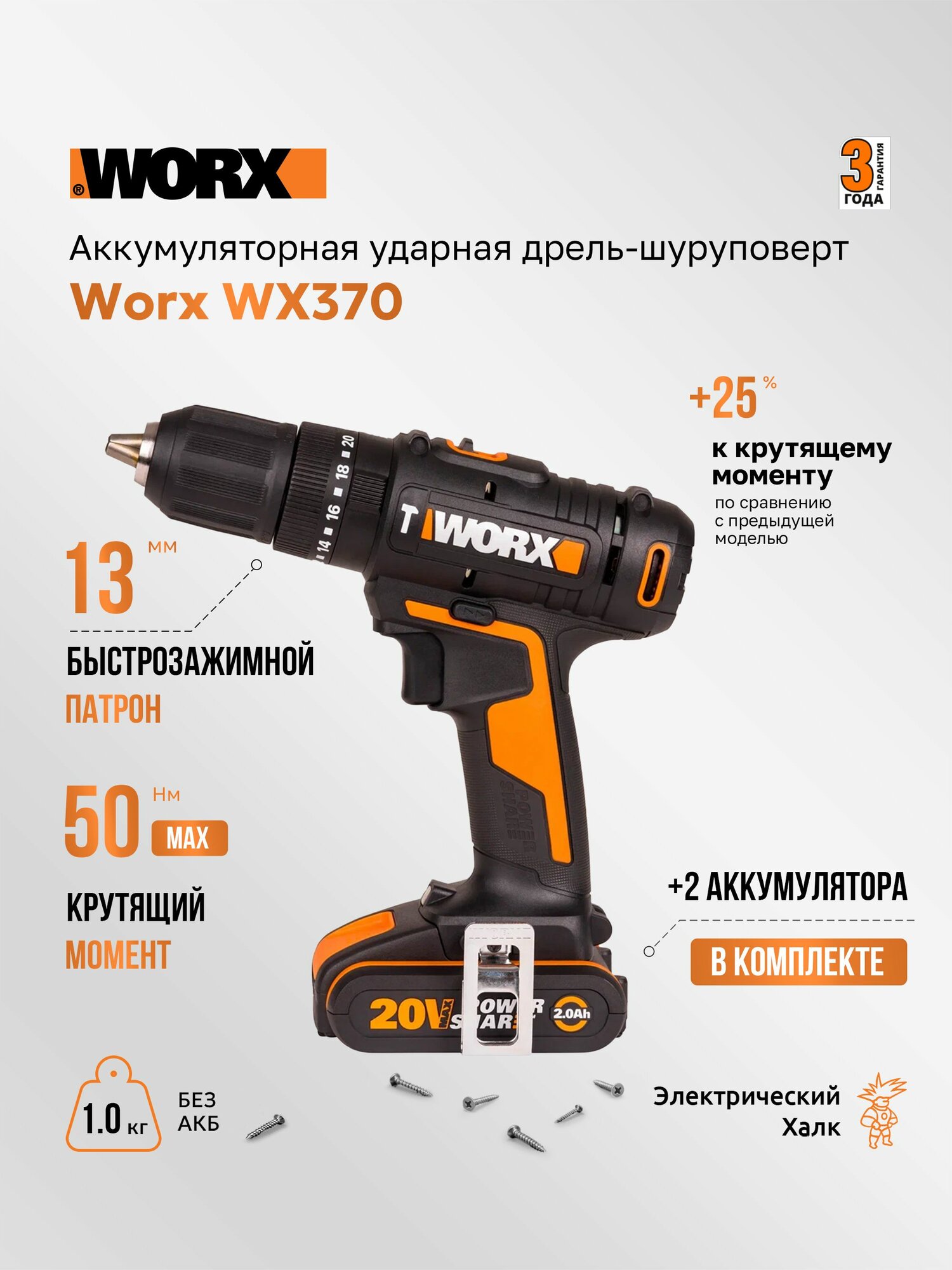 Аккумуляторная ударная дрель-шуруповерт с набором оснастки Worx WX370, 20 В, 50 Нм, 2 АКБ по 2Ач + ЗУ 2А, кейс