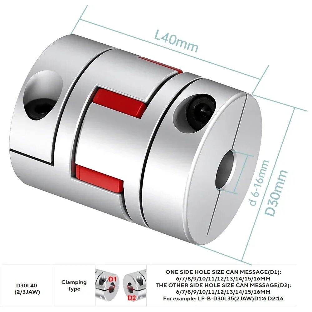 Муфта гибкая алюминиевая 3 когтя D30L40 10mm to 14mm