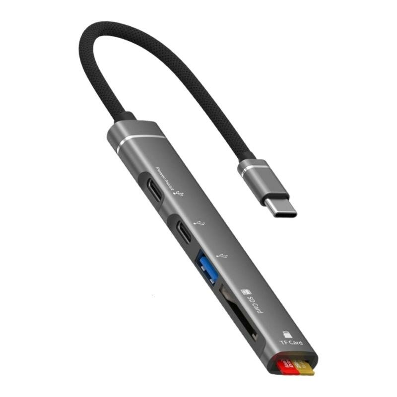 Адаптер USB-C/USB-A с кардридером TF/SD, алюминиевый корпус, 113×17,3×9,2 мм, 32 г