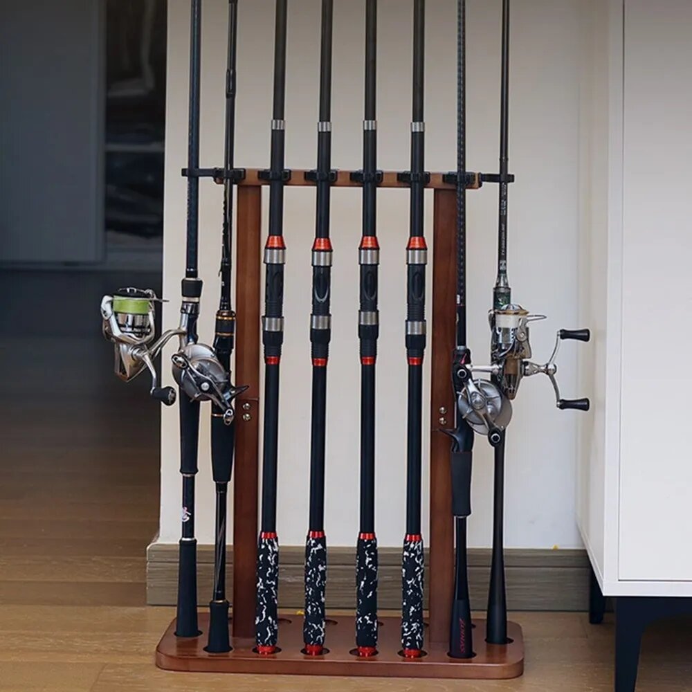 Аксессуары и принадлежности для рыбалки+Деревянная подставка удочек на 14 мест - ореховая окраска