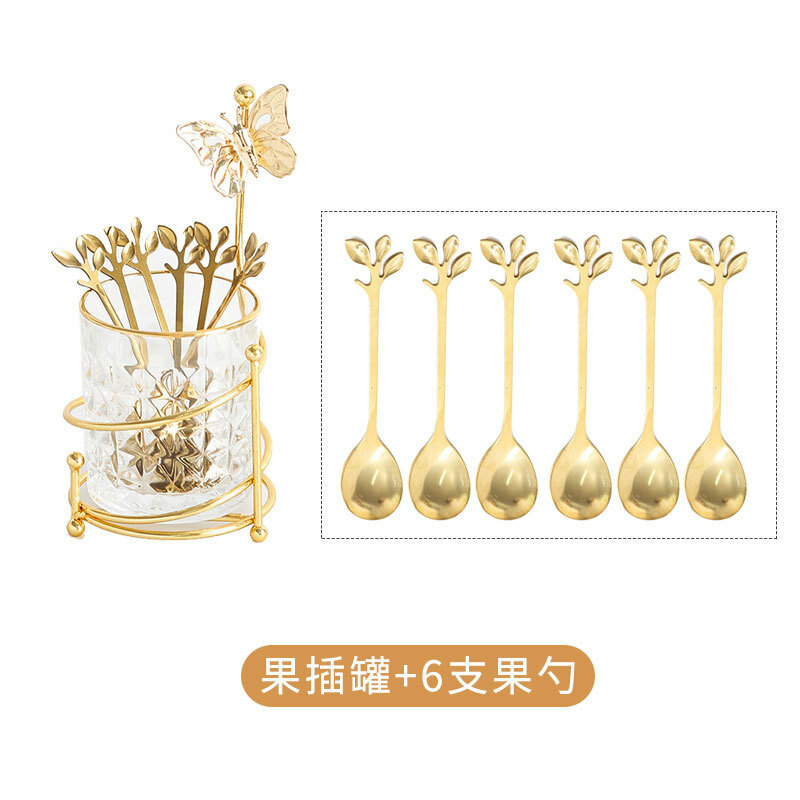 Модная вилка и маленькая ложка, вилка для фруктов с золотым листом, банка для хранения, креативная десертная вилка для домашнего использования, милая вилка для торта.