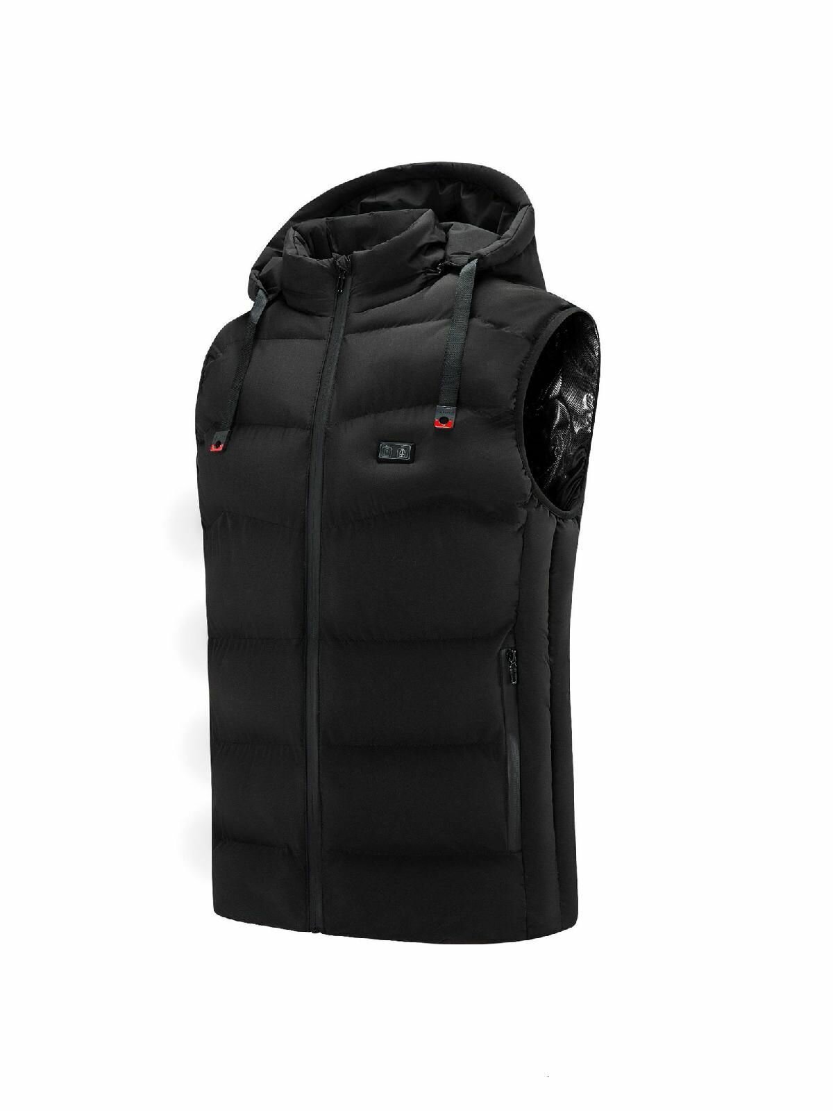 Мужской жилет с подогревом 9 зон, капюшон, зимний обогрев, быстрый нагрев, 3 уровня нагрева, Черный - XXXXL