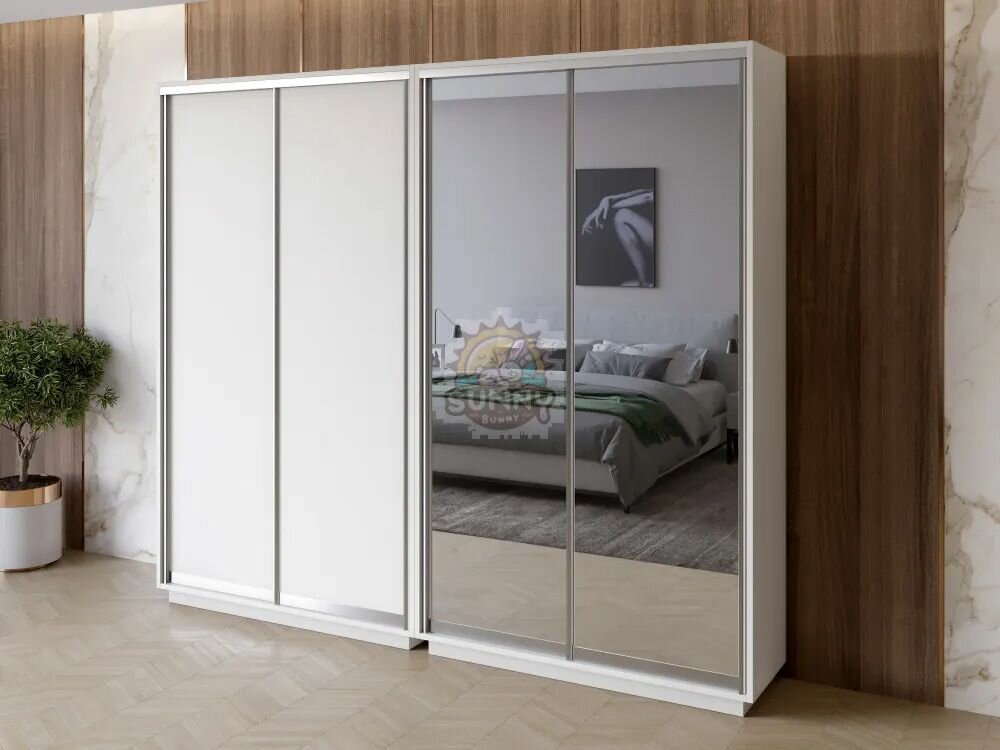 Шкаф купе Вилли 4-х дверный ЛДСП (2+2) с зеркалом, профиль серебро 240 см х 240 см х 45 см (Белый снег)