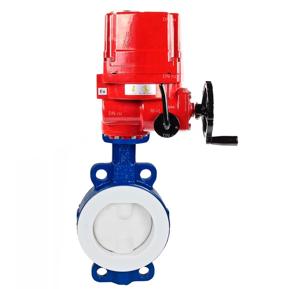 Затвор дисковый поворотный DN.ru WCB-WCB-PTFE-PTFE-Fb-H Ду80 Ру16 корпус - углеродистая сталь WCB, диск - углеродистая сталь WCB, футерованный PTFE, уплотнение - PTFE, с четвертьоборотным взрывозащищенным электроприводом DN. ru EX-010 24В