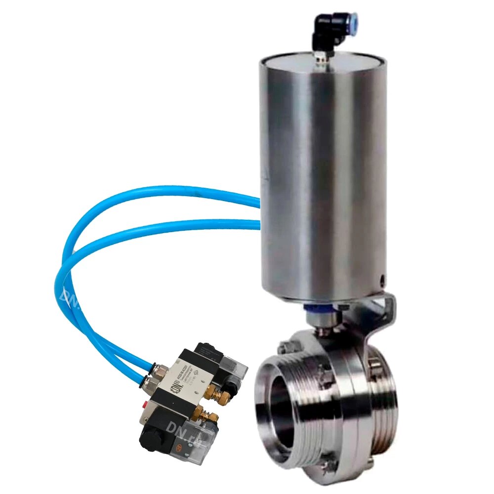 Затвор дисковый поворотный DN.ru 304-304-EPDM-2W-T-H Ду20 Ру10 пищевая нержавеющая сталь 304, уплотнение - EPDM, с пневмоприводом DN.ru ПВП-85 и пневмораспределителем DN.ru PND1-S2EM-52-2-T10-220VAC