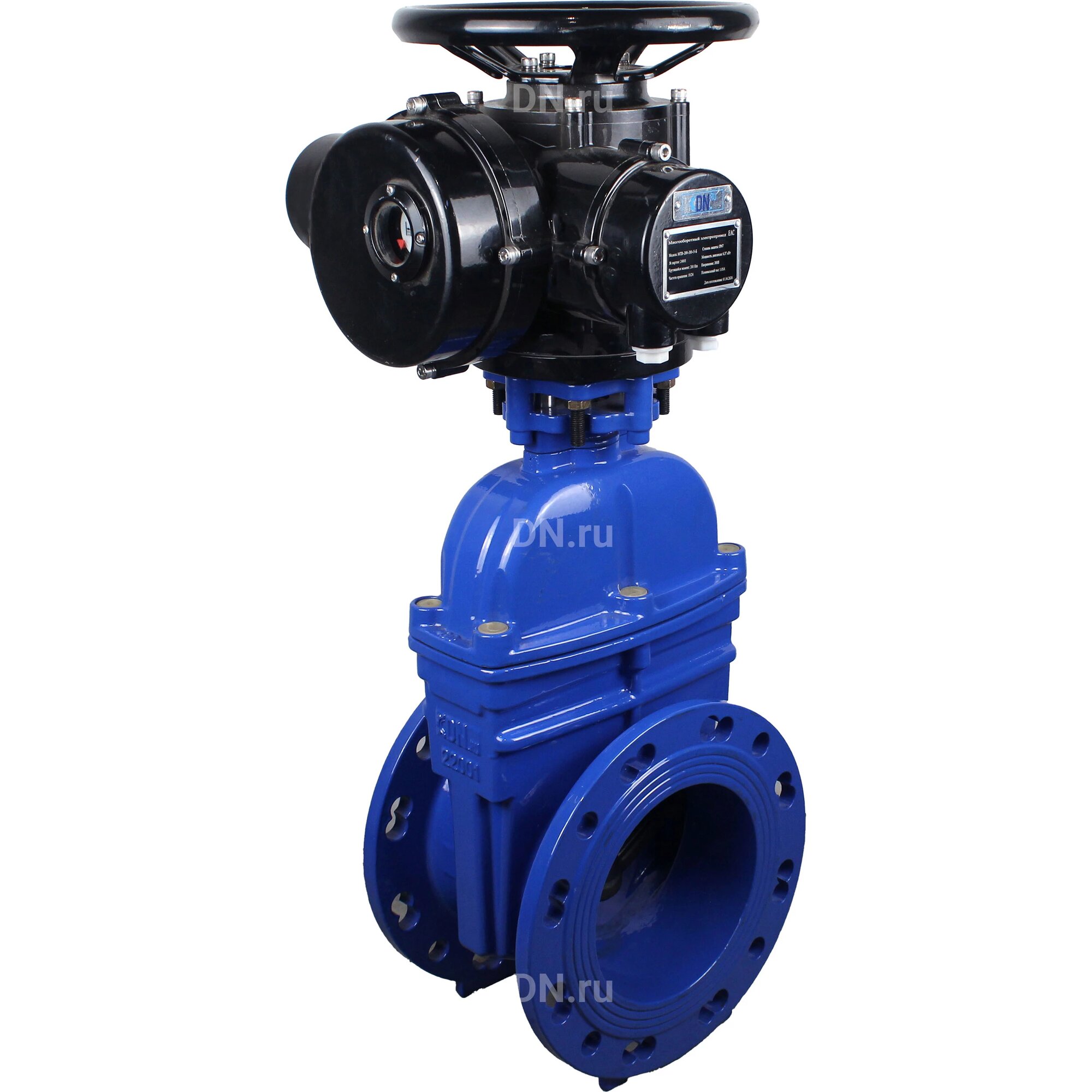 Задвижка клиновая 30ч939р (аналог МЗВ) DN.ru GGG50-GGG50-EPDM-BLUE Ду200 Ру10/16 фланцевая, клин - обрезиненный, шпиндель - невыдвижной, корпус - чугун, уплотнение - EPDM, c ОСТ-фланцем с электроприводом многооборотным VGD-020 380В пятикулачковым