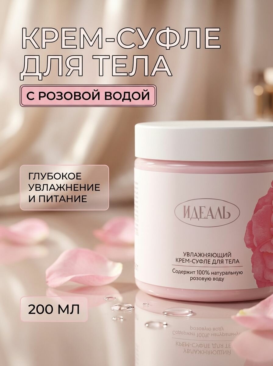 Крем-суфле для тела увлажняющий с розовой водой, экстрактом алоэ и маслом ши, 200 мл