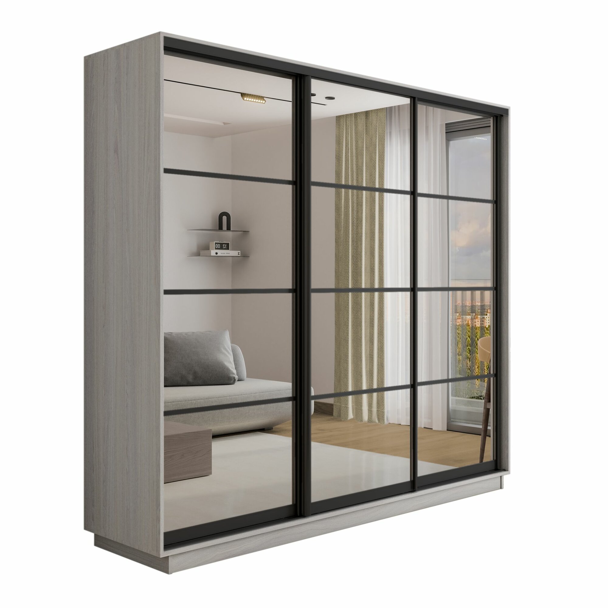 Шкаф-купе Вилли С4 3-х дверный, зеркальные двери, (черный профиль) 210х45х220 см. Ясень Анкор светлый