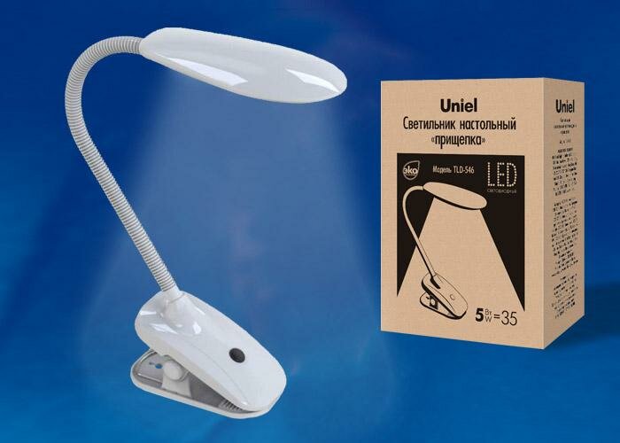 Настольная лампа TLD-546 WHITE/5W/LED/350LM/4500K МЕХ выкл белый прищепка UNIEL