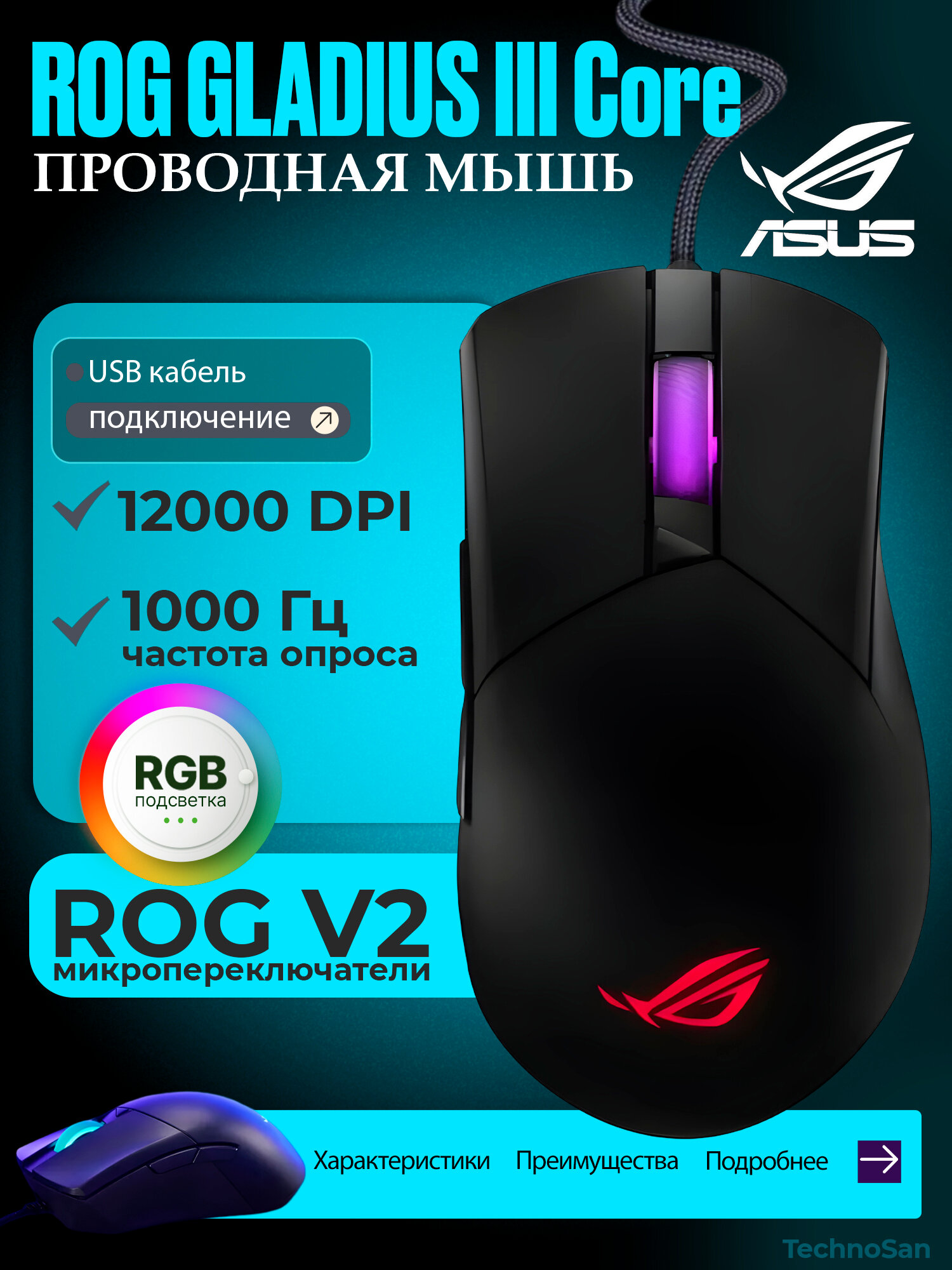 Проводная игровая мышь ASUS ROG Gladius III Core (P523), USB, 12000 dpi, оптико-механическая