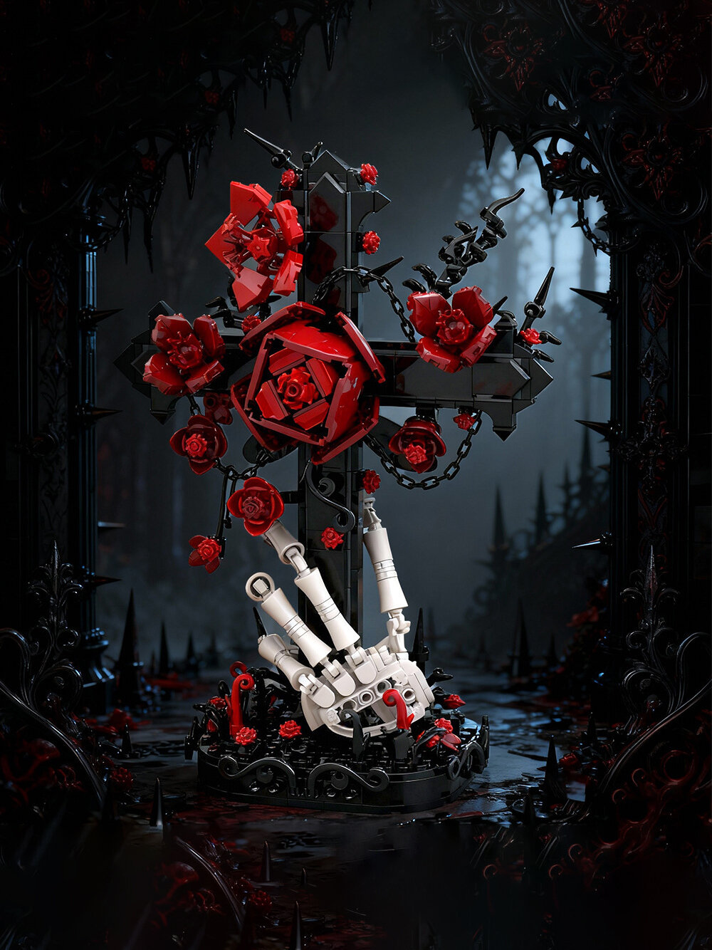 Конструктор большой из кирпичиков, Готический крест с розами и черепом для мальчиков, 3D модель в темном стиле.