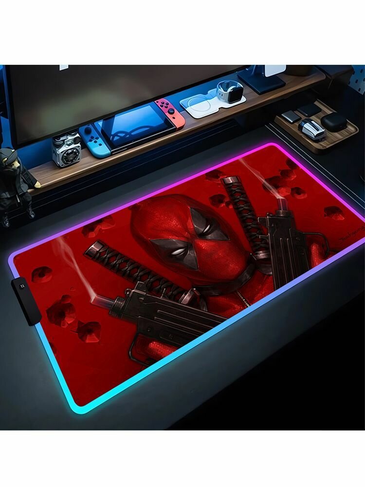Коврик для мыши Deadpool Marvel RGB, резина, игровой, прошитые края, 40 см x 90 см