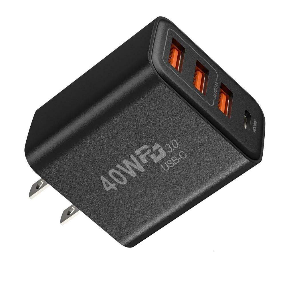 Портативное зарядное устройство 40 Вт, 3 USB A, 1 порт, быстрая зарядка, Черный - Штепсельная Вилка США