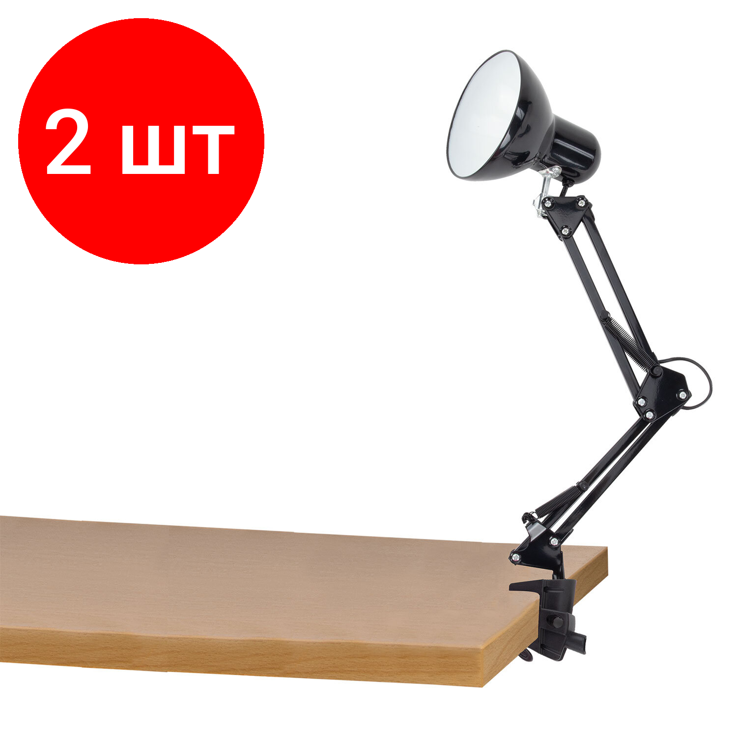 Комплект 2 шт, Настольная лампа-светильник SONNEN TL-006, струбцина, 40 Вт, Е27, черный, высота 50 см, 237648