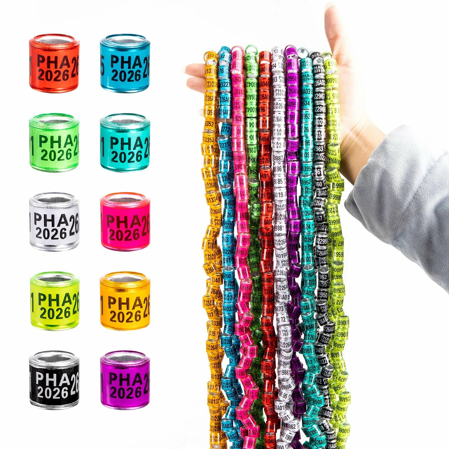 PHA 2026 Кольца для ног голубя, внутренний диаметр 8 мм, алюминий, пластик, кольца для ног попугая, перепела с номером, многоцветные, 1 упаковка/50 шт.