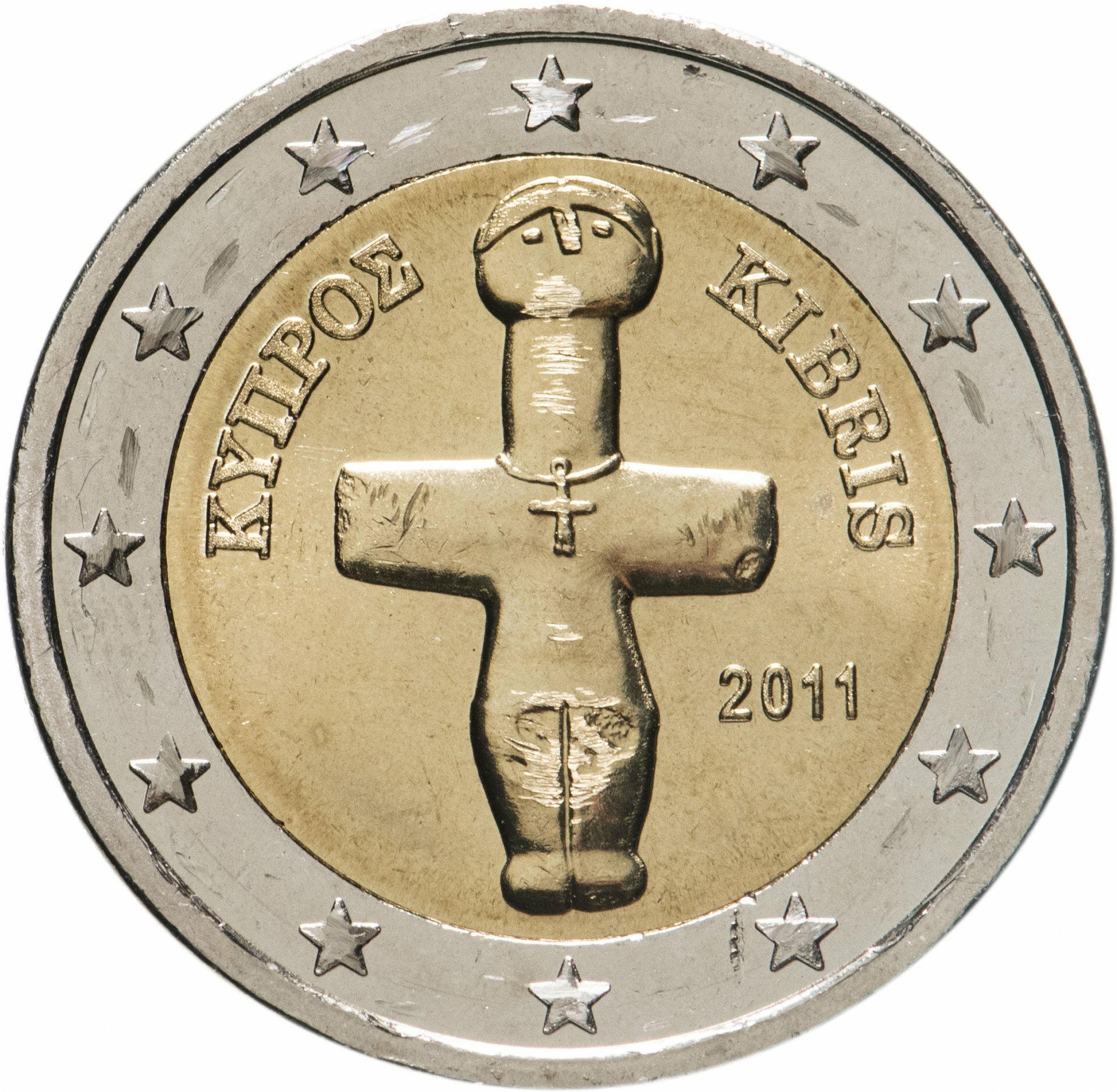 Кипр 2 евро 2011 обычная, Биметалл, в сохранности UNC