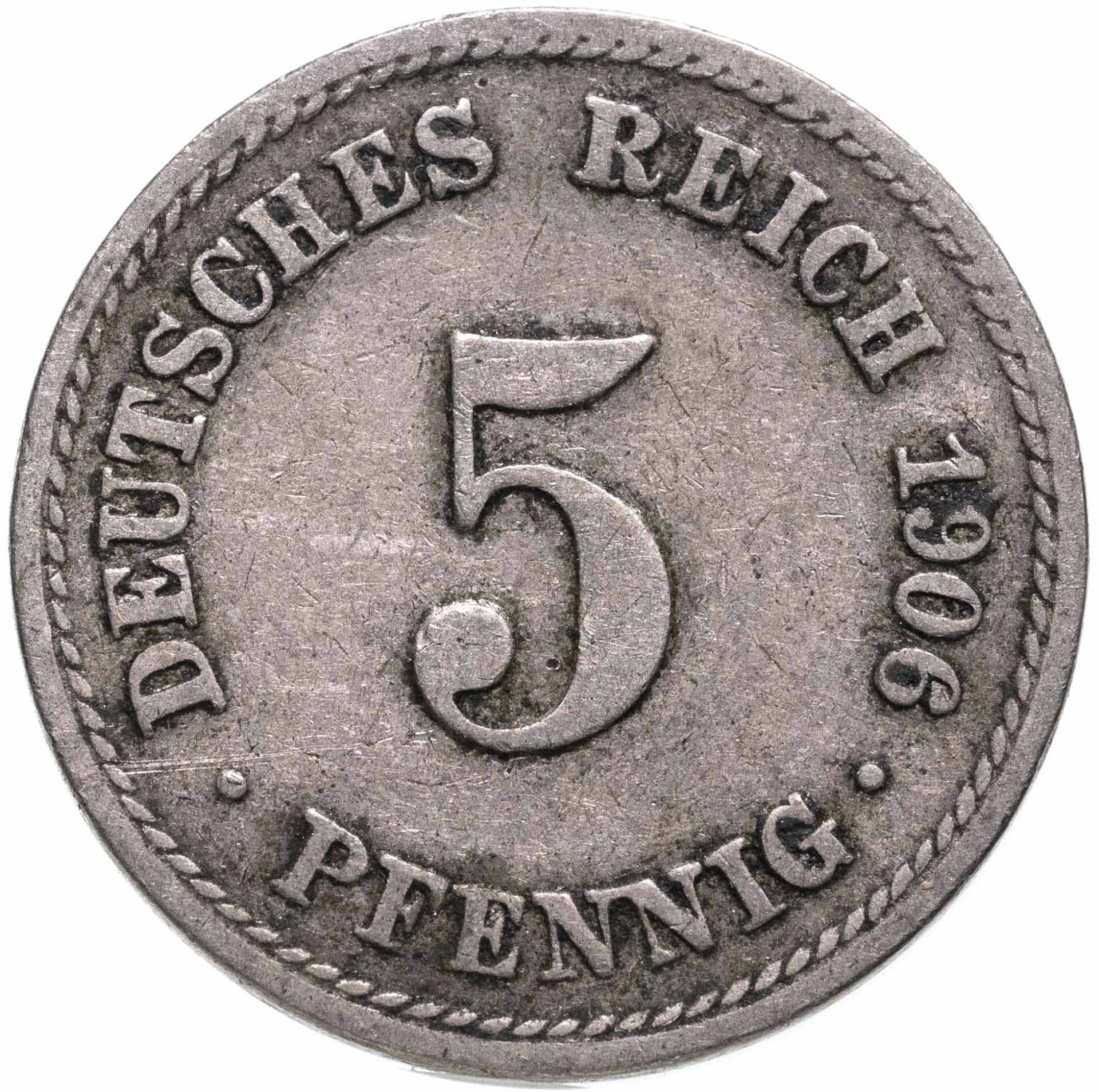 Германия 5 пфеннигов pfennig 1906, знак монетного двора: "A" - Берлин, Мельхиор медь-никель, в сохранности VF