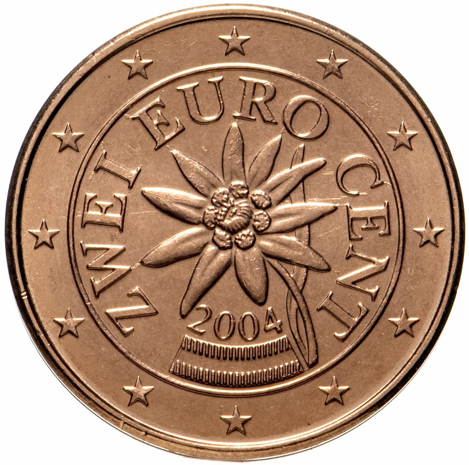 Австрия 2 евроцента cents 2004, Сталь, в сохранности UNC