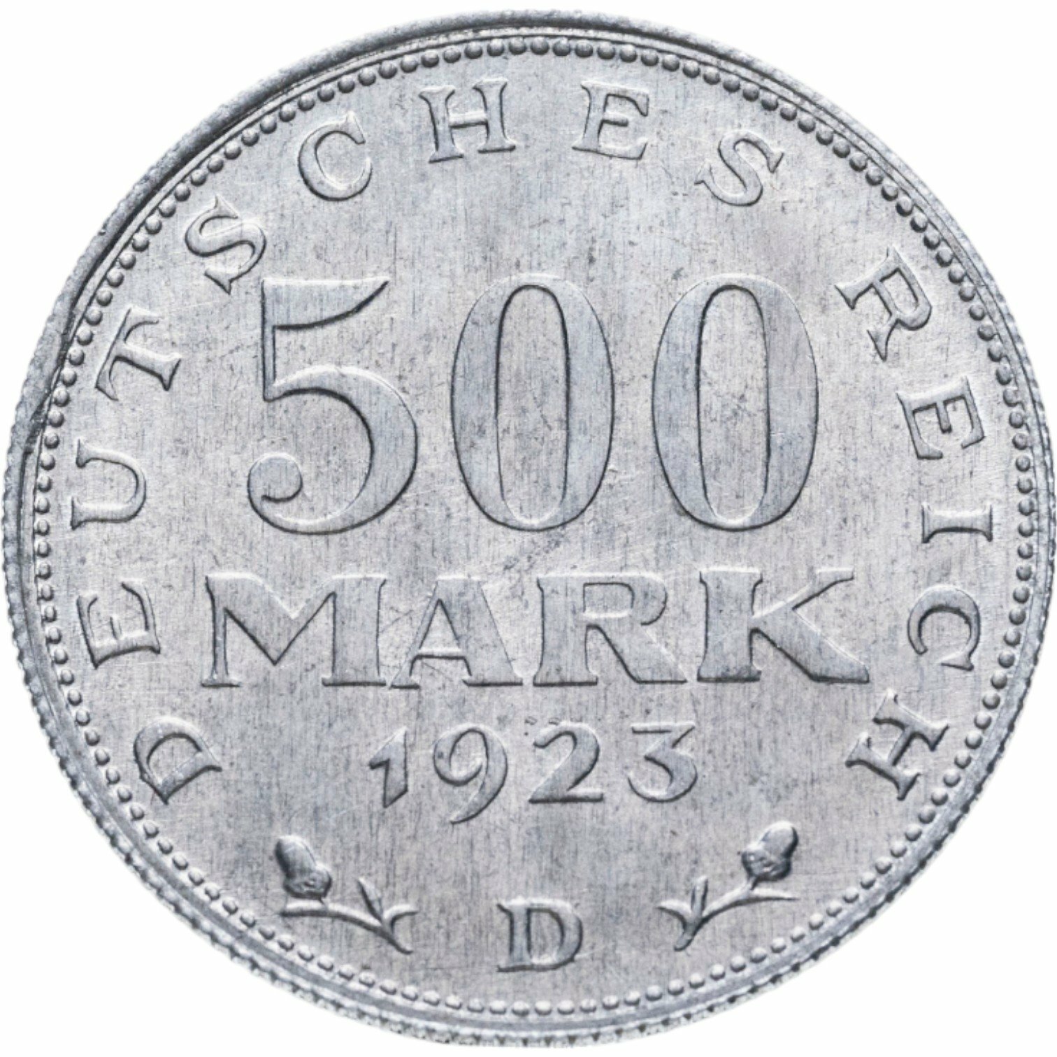 Германия 500 марок mark 1923, знак монетного двора "D" — Мюнхен Германия, Алюминий, в сохранности UNC