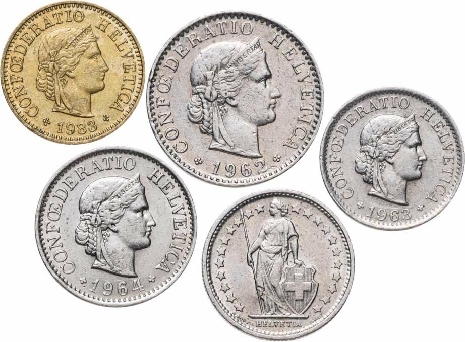 Швейцария набор из 5 монет 5, 10, 20 раппенов rappen, 1/2 франка 1962-1983, Мельхиор медь-никель, в сохранности XF