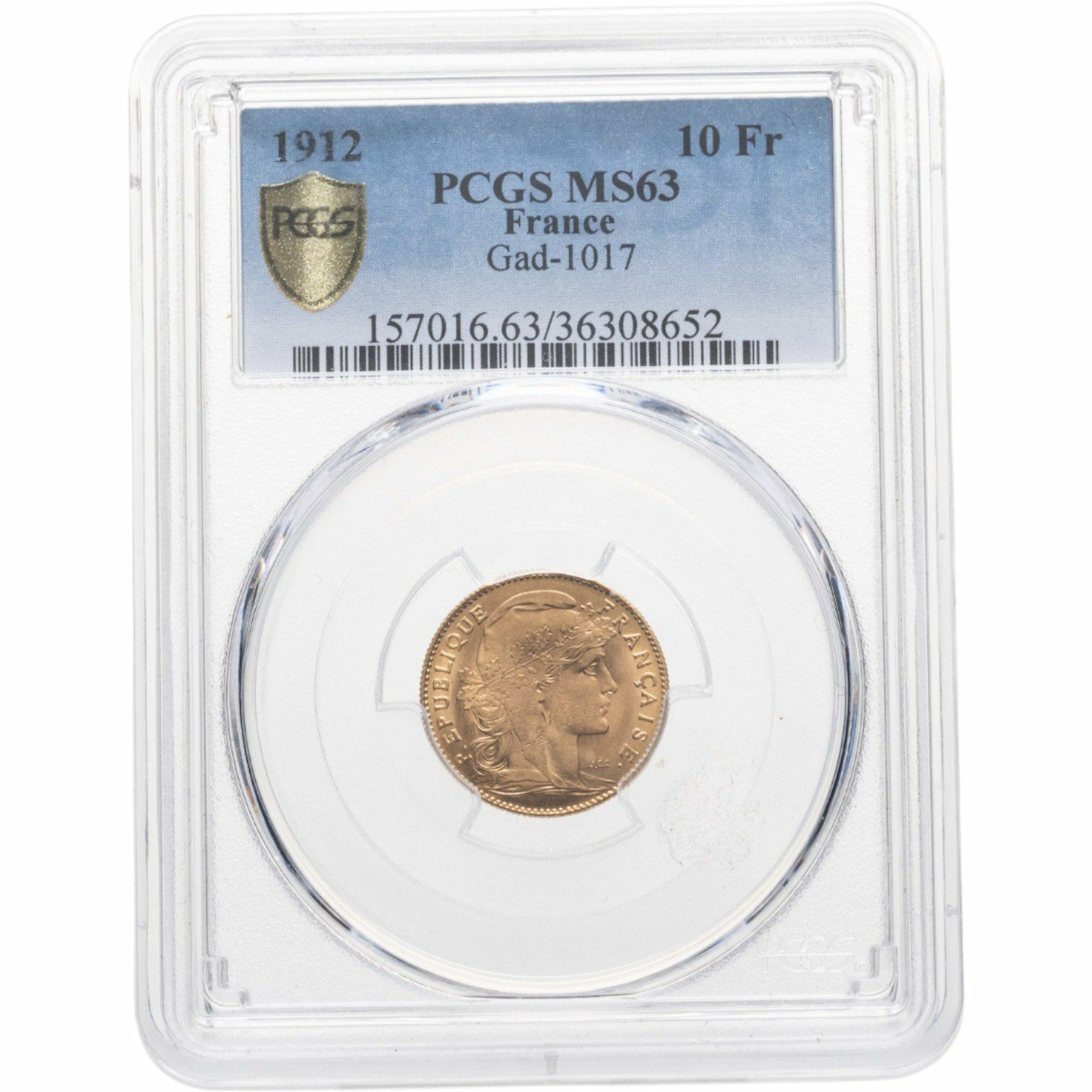 Франция 10 франков francs 1912 в слабе PCGS MS63, Золото 900