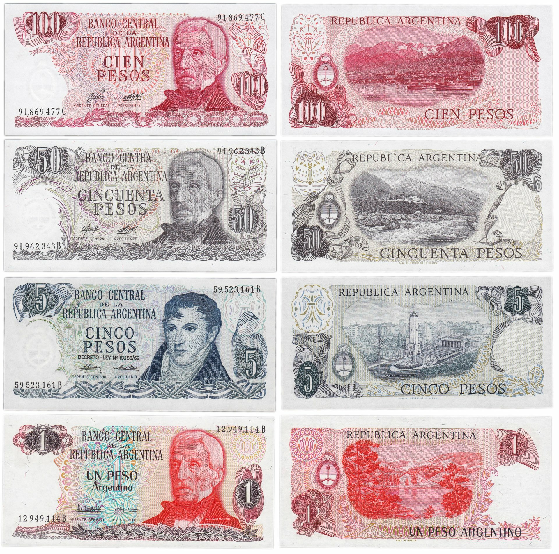 Аргентина - набор 4 банкнот - 1, 5, 50, 100 песо 1972-1983
