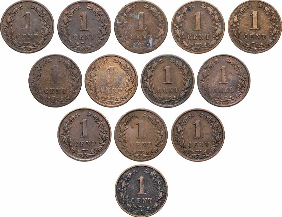 Нидерланды полный набор монет 1 цент cent по годам чеканки 1877-1890 13 штук Виллем III - Вильгельмина, Бронза, в сохранности F-XF