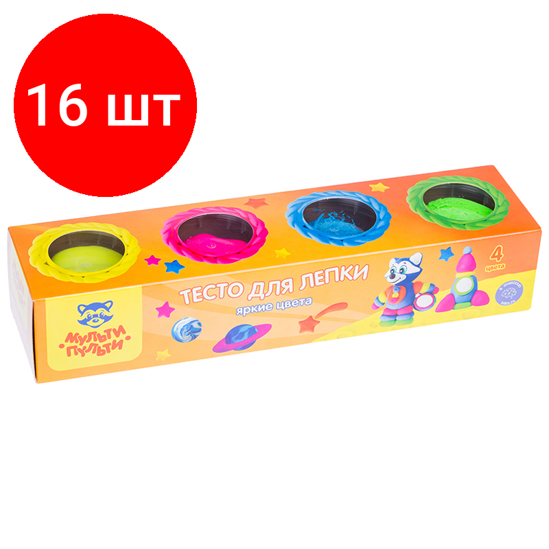 Комплект 16 шт, Тесто для лепки Мульти-Пульти "Енот на Луне", 04 цвета*90г, неоновые цвета, картон