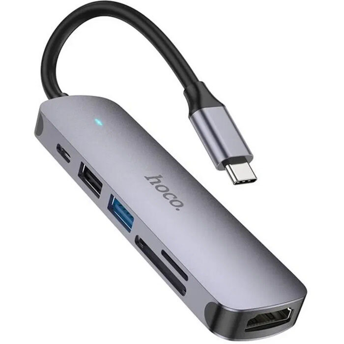 Разветвитель USB-C Hoco HB28 Metal Gray OTG хаб - концентратор 1 порт USB-C, 2 порта USB, HDTV, картридер - 0.1м серый