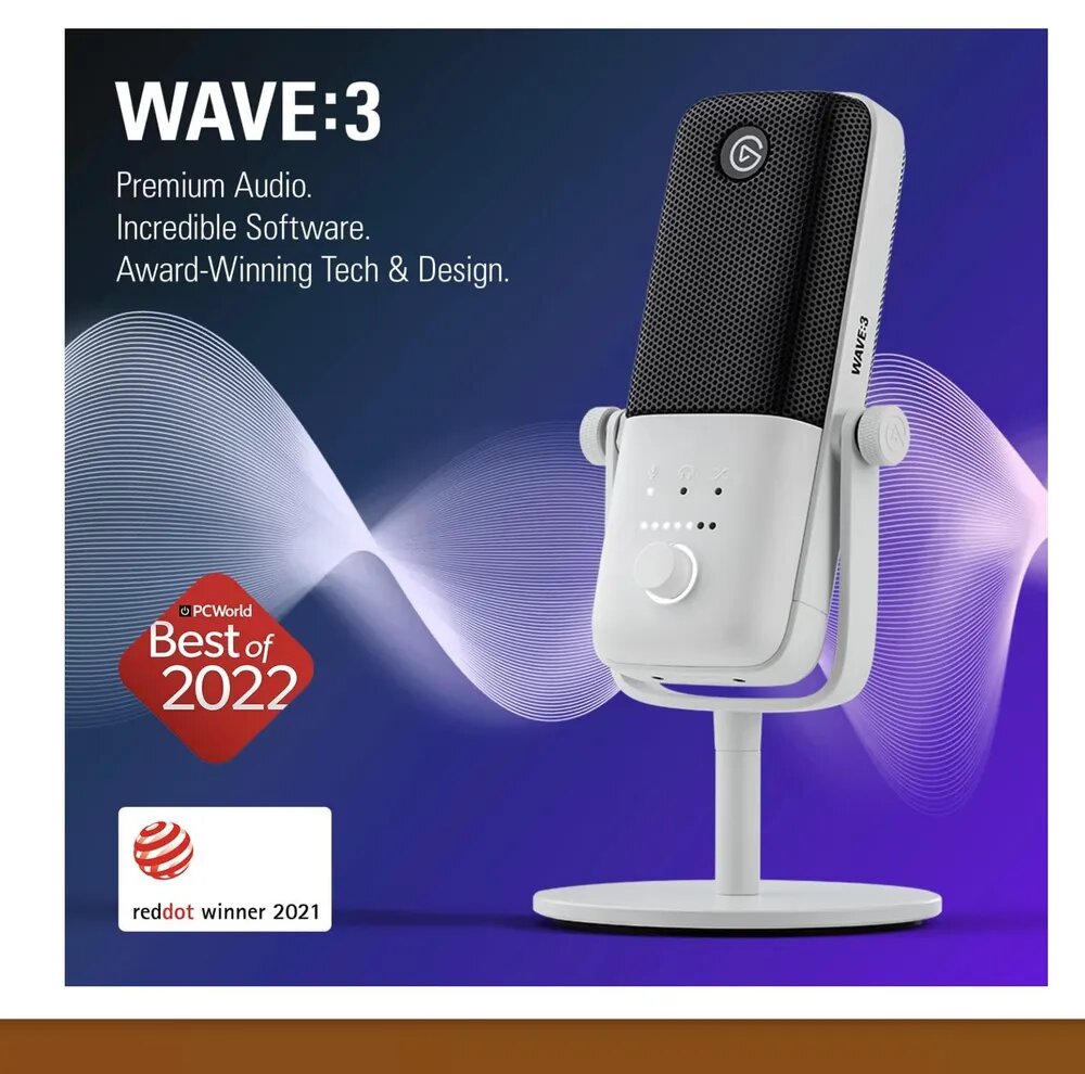 Elgato Микрофон Elgato Wave:3 USB-конденсаторный микрофон студийного качества премиум-класса для потоковой передачи, подкастинга, игр и домашнего офиса, бесплатное программное обеспечение для микшера, белый