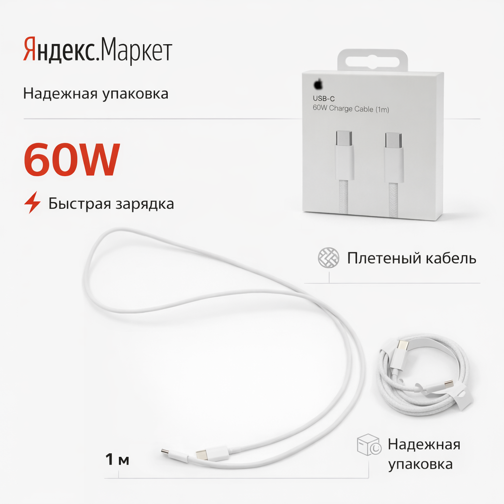Универсальный кабель USB Type-C - Type-C, для IOS и Android, 60Вт, 1 метр