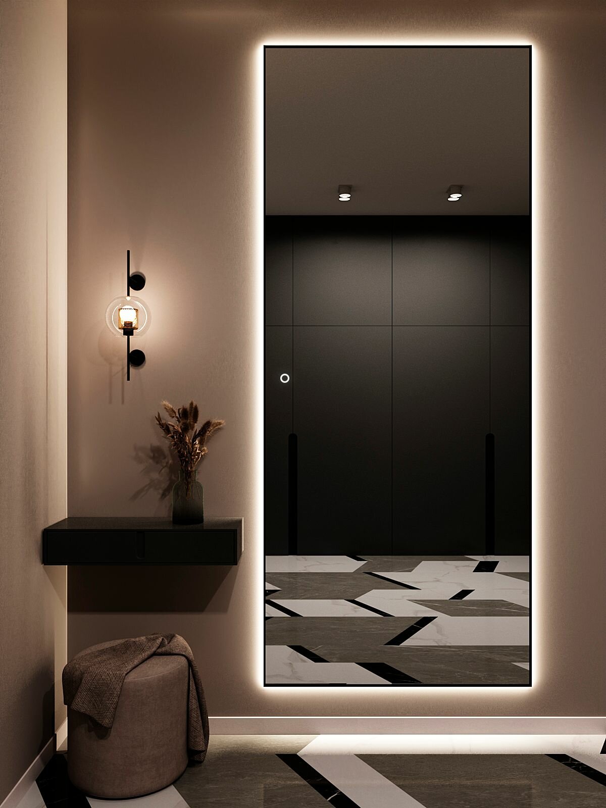 Зеркало настенное 240х100 см. черное с подсветкой сенсорное в алюминиевой раме интерьерное BLX MIRROR