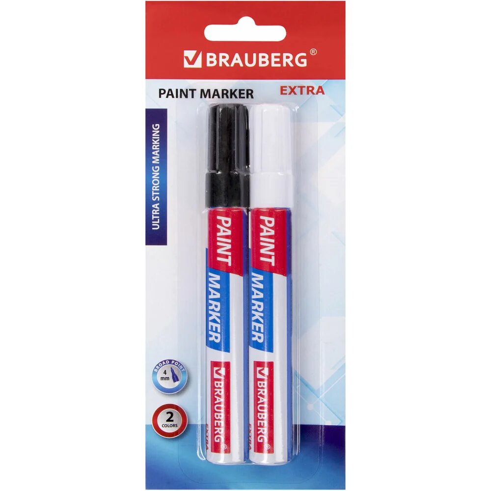 Лаковый маркер-краска BRAUBERG EXTRA paint marker 4 мм, набор 2 цвета, белый/черный, 151998